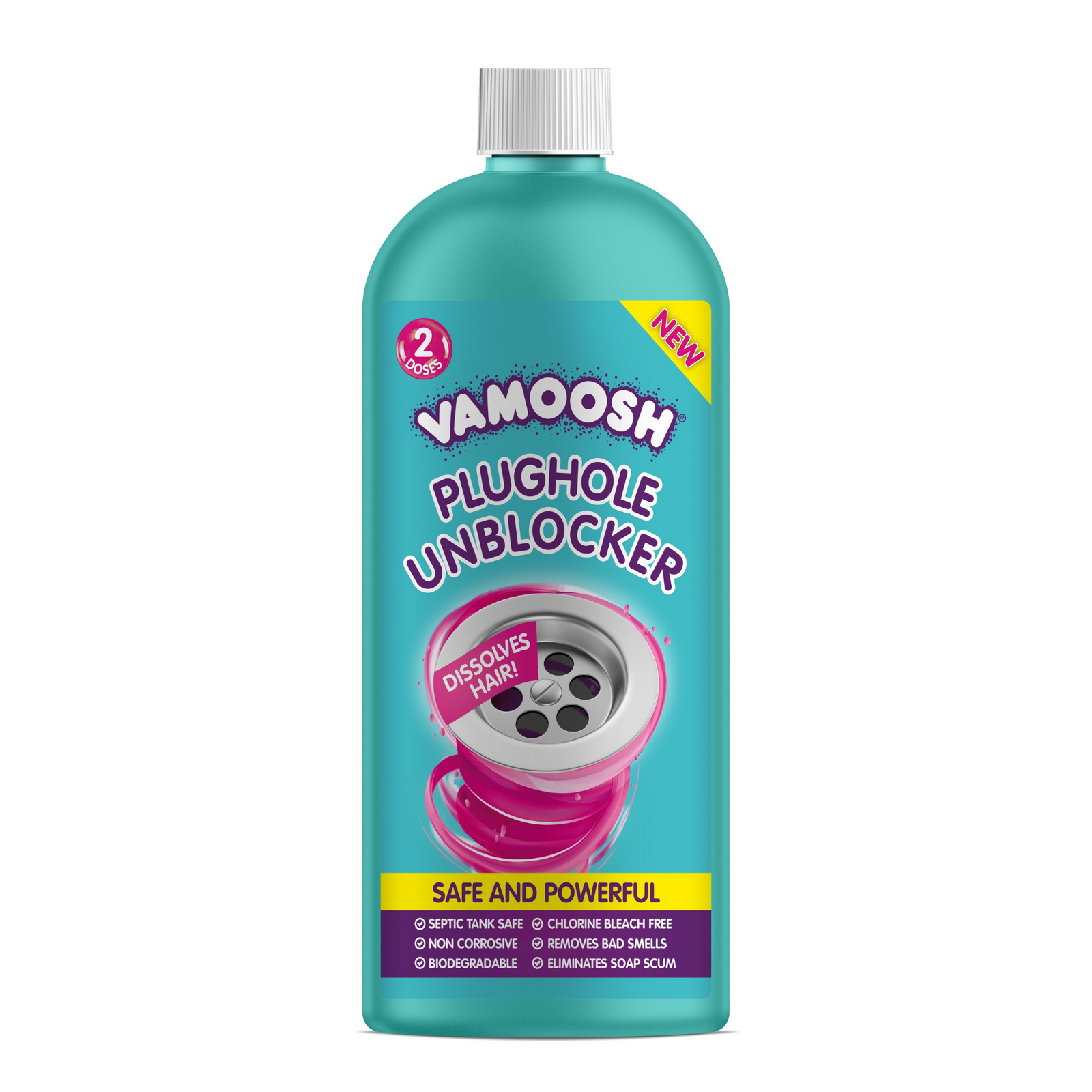Vamoosh Plughole Unblocker Fast-Acting Drain Clog Remover 2 Doses 600ml
